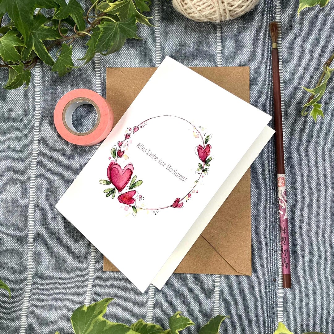 Wedding Congratulations Card | A6 Folding Card With Watercolor Heart ...