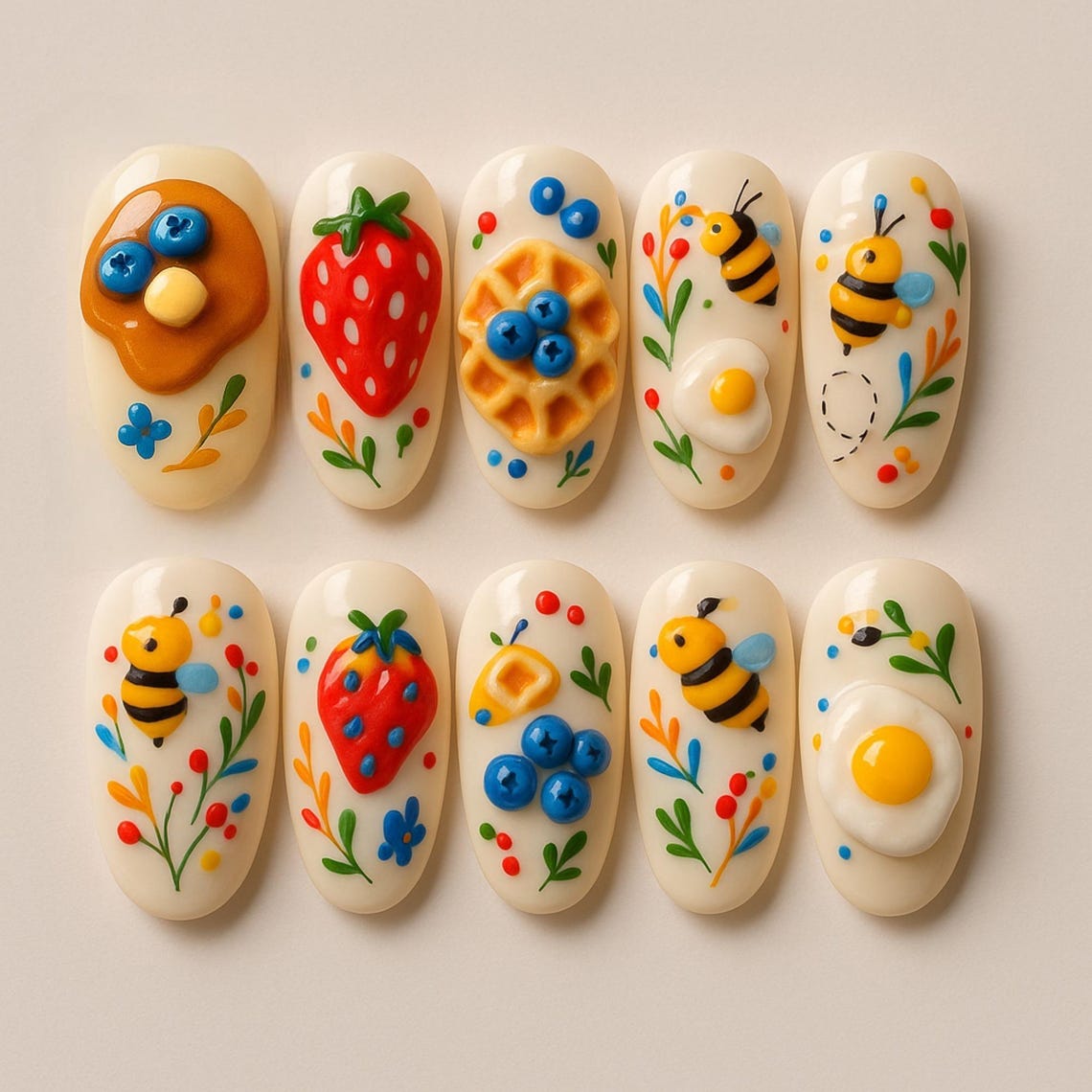 Picnic Theme Press on Nails, Spring Bee Nail Art, 3D Waffle Egg ...
