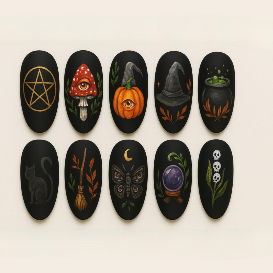 Halloween Witch Press on Nails, Black Gothic Nail Art, Spooky Pumpkin ...