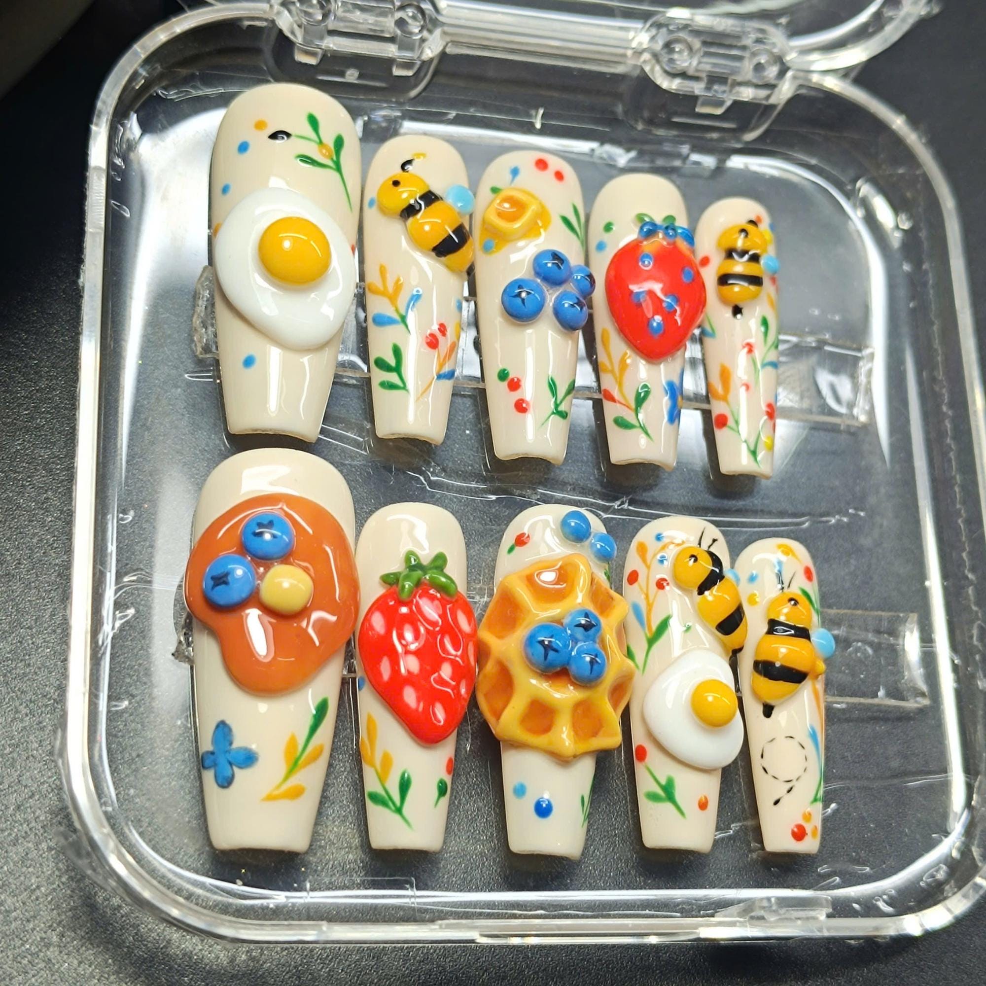 Picnic Theme Press on Nails, Spring Bee Nail Art, 3D Waffle Egg ...