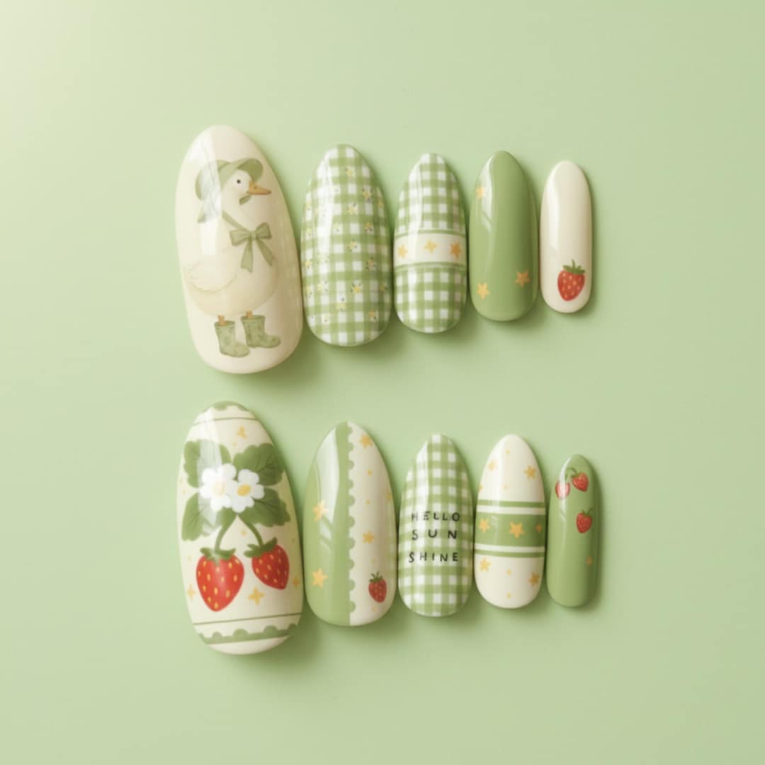 Cottagecore Goose Strawberry Press on Nails, Gingham Floral Farmcore ...