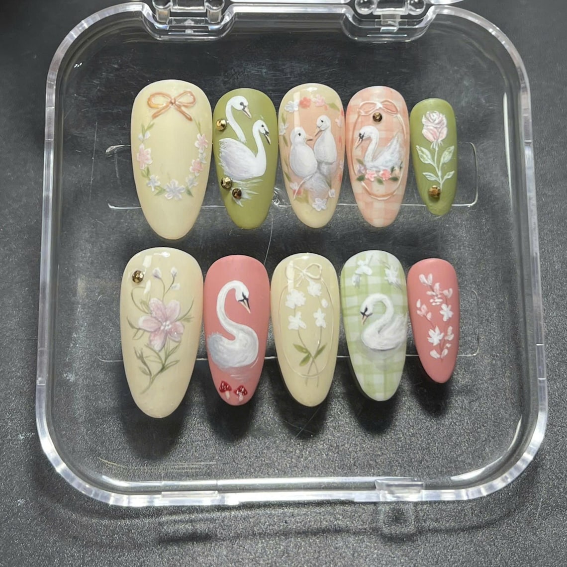 Pastel Swan Press on Nails, Cottagecore Swan Nail Art, Goose Nails ...