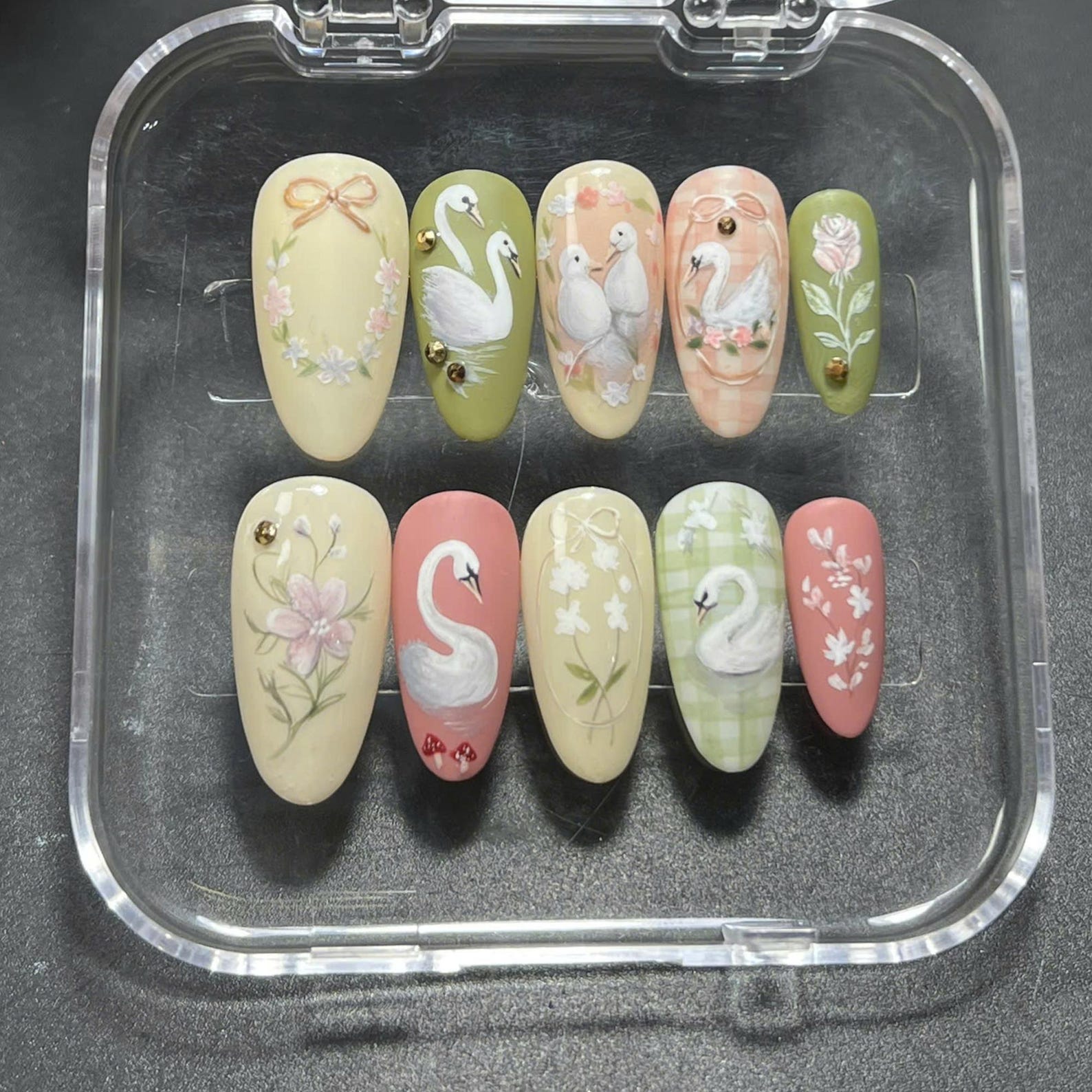 Pastel Swan Press on Nails, Cottagecore Swan Nail Art, Goose Nails ...