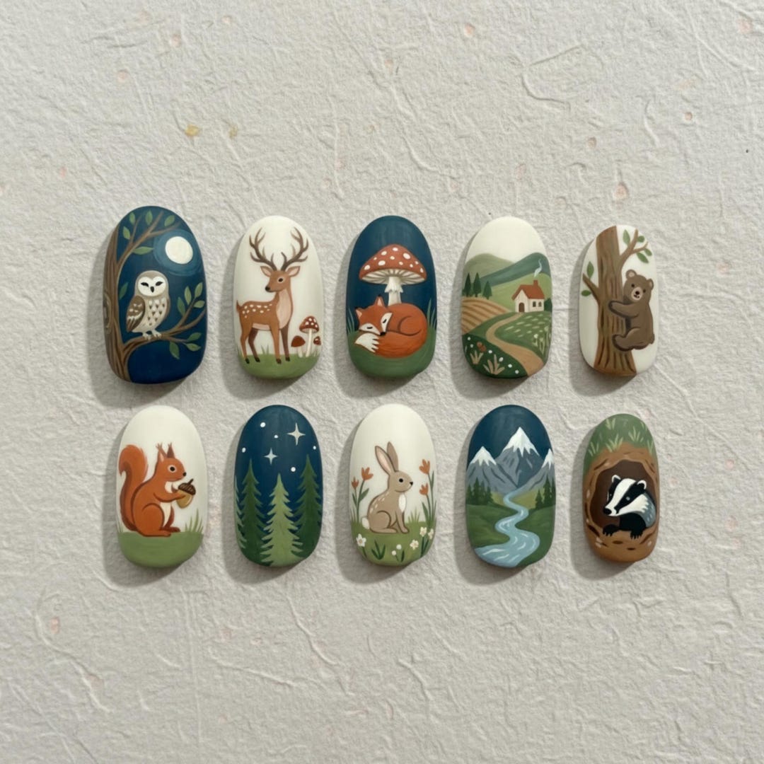 Enchanted Forest Night Press on Nails, Woodland Animals Nail Art, Owl ...