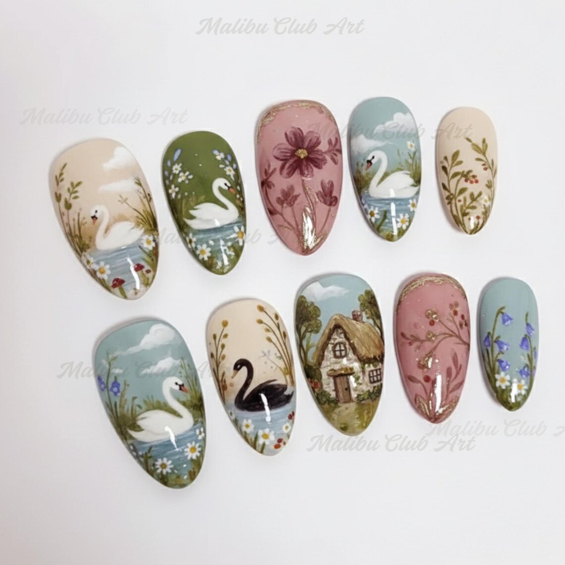 Cottagecore Swan Press on Nails, Swan Lake Nail Art, Goose Nails ...