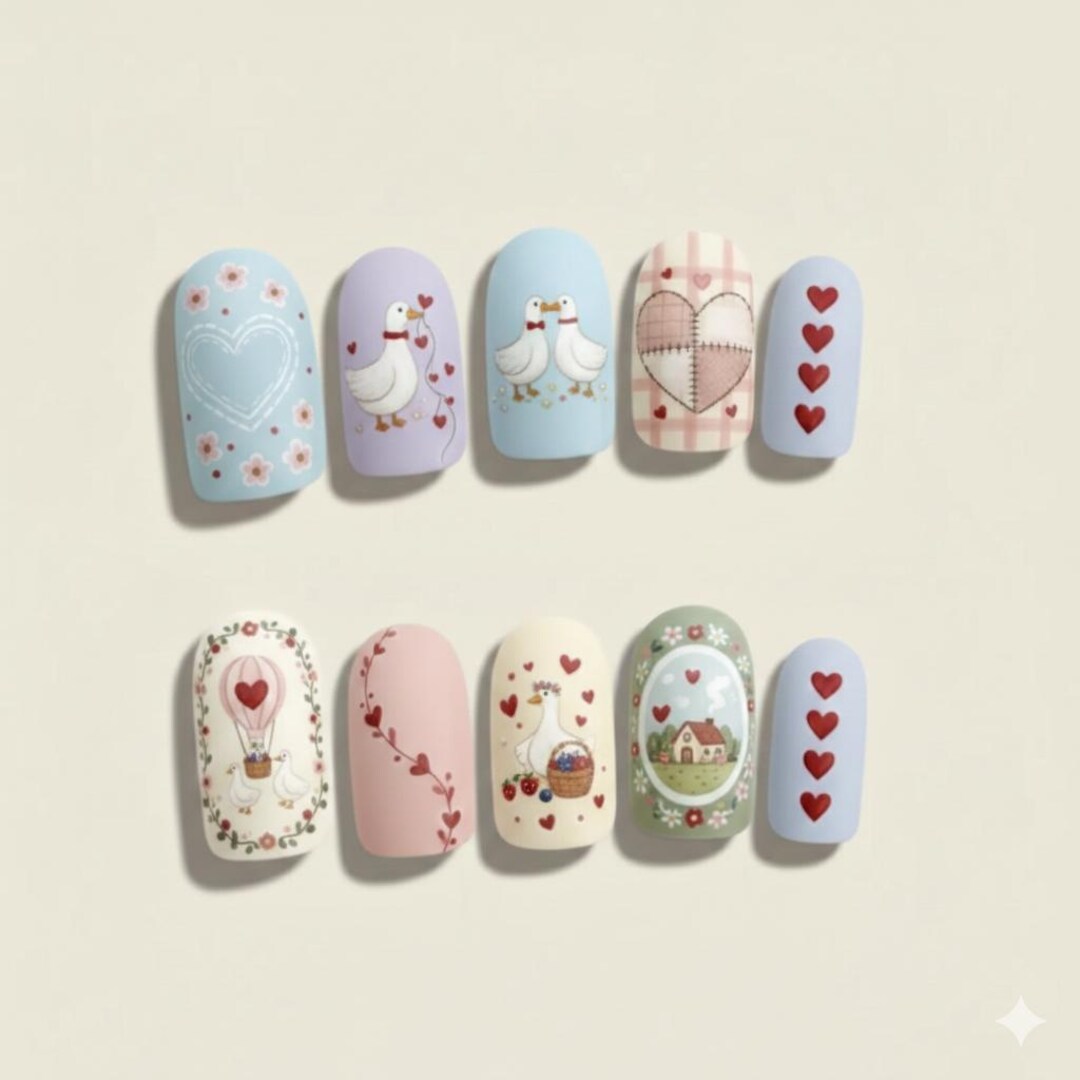 Valentine Goose Press on Nails, Pastel Cottagecore Goose Nails, Cute ...
