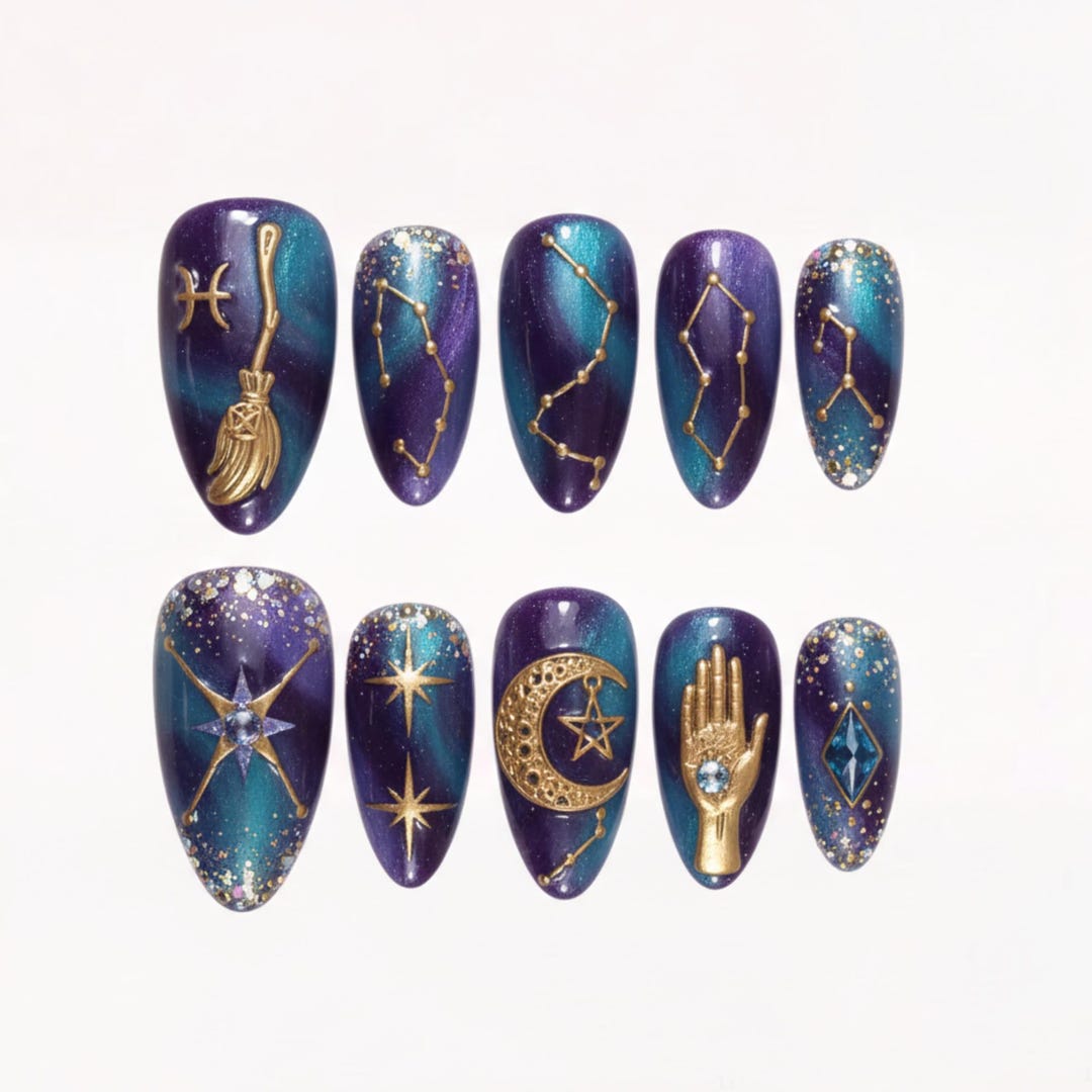 Zodiac Galaxy Press on Nails, Astrology Star Moon Gold Nails, Cosmic ...