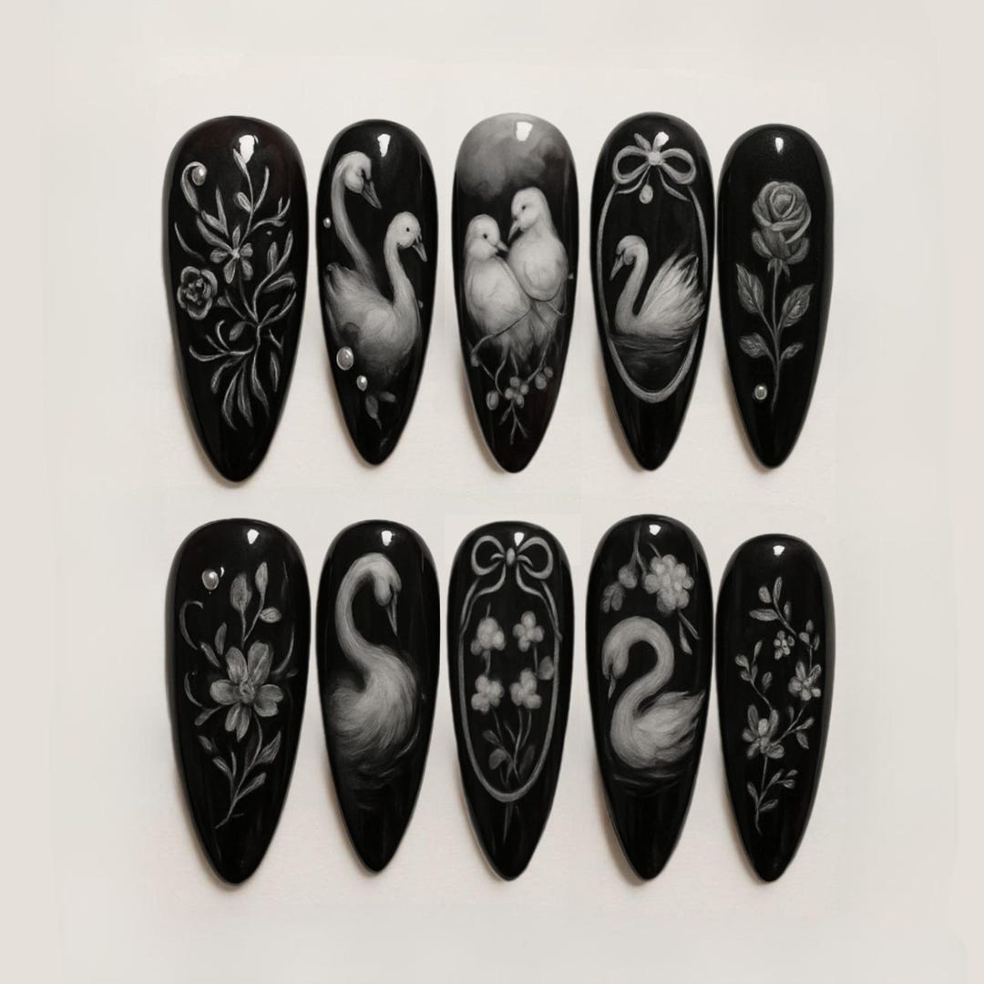 Floral Swan Press on Nails, Swan Lake Nail Art, Black Gothic Rose Nails ...