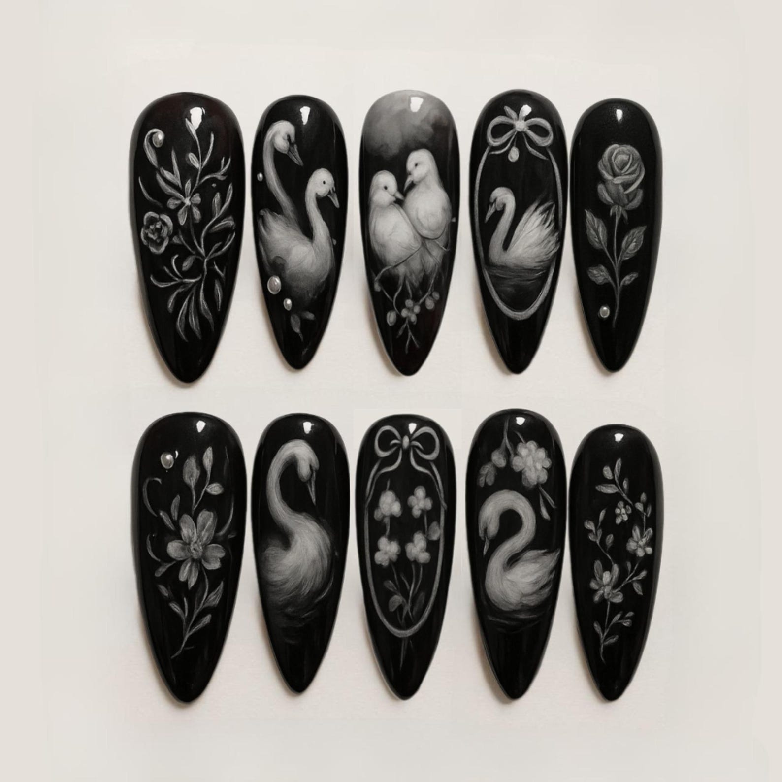 Floral Swan Press on Nails, Swan Lake Nail Art, Black Gothic Rose Nails ...