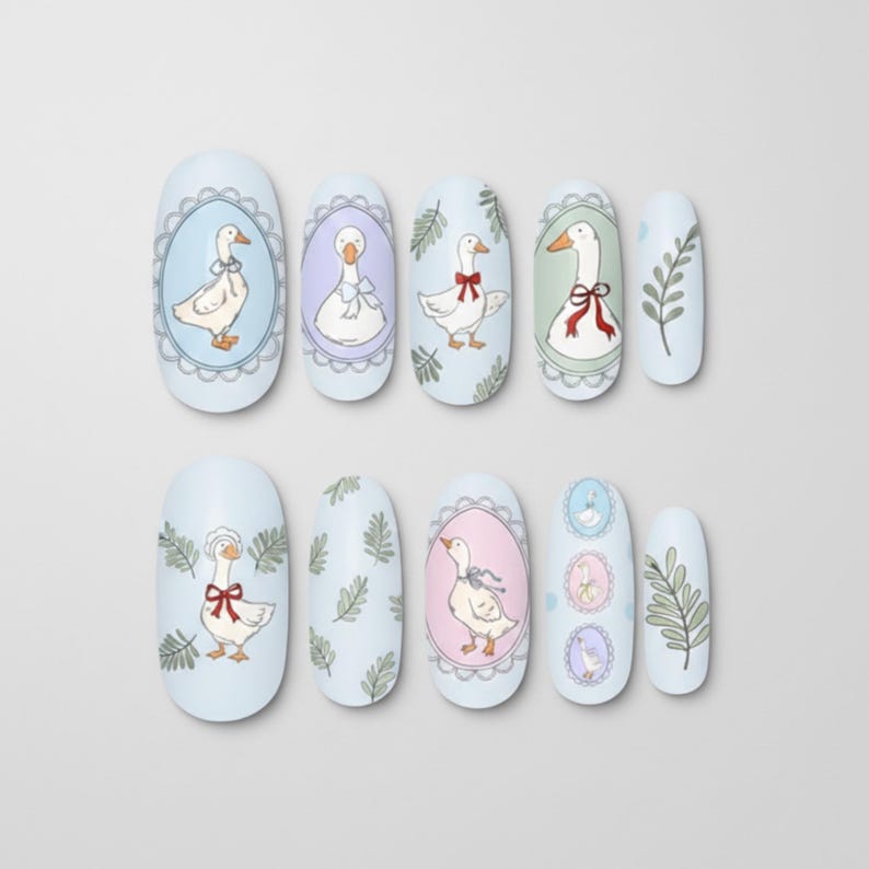 Vintage Goose Press on Nails, Pastel Blue Cottagecore Duck Nails, Hand ...