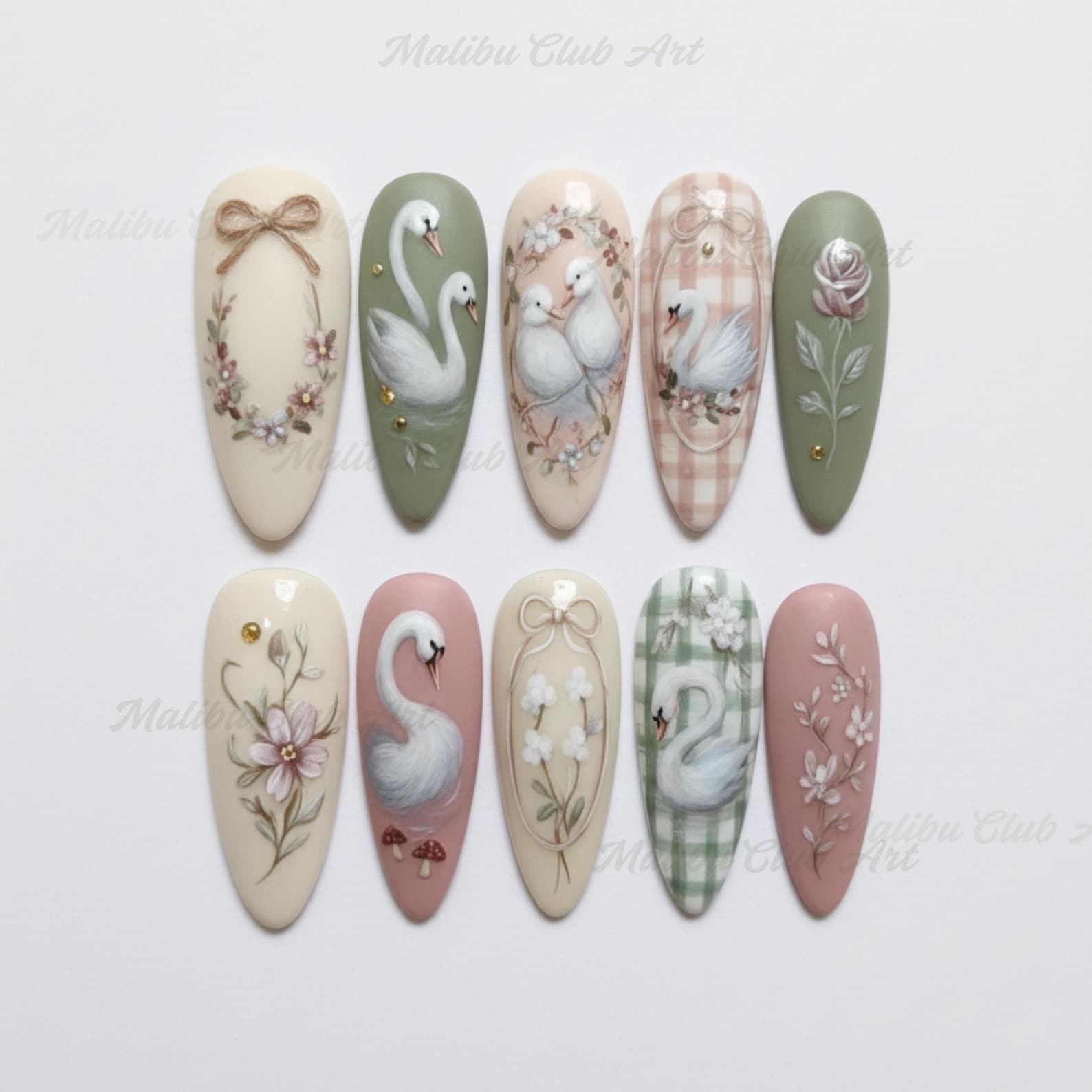 Pastel Swan Press on Nails, Cottagecore Swan Nail Art, Goose Nails ...