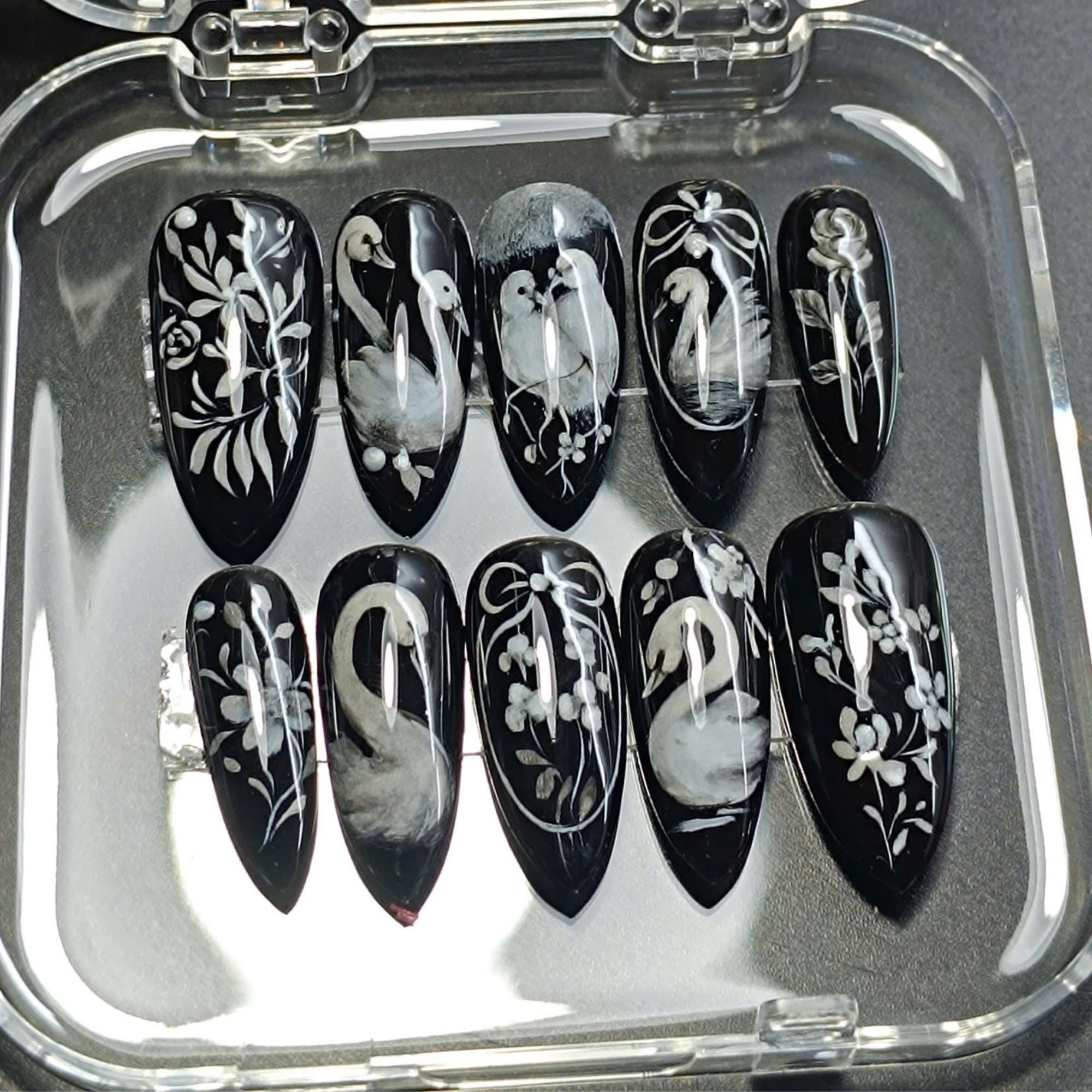 Floral Swan Press on Nails, Swan Lake Nail Art, Black Gothic Rose Nails ...
