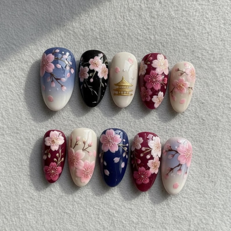 Cherry Blossom Press on Nails, Sakura Floral Nail Art, Flower Aesthetic ...