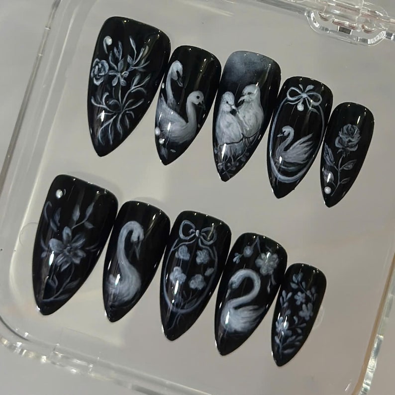 Floral Swan Press on Nails, Swan Lake Nail Art, Black Gothic Rose Nails ...