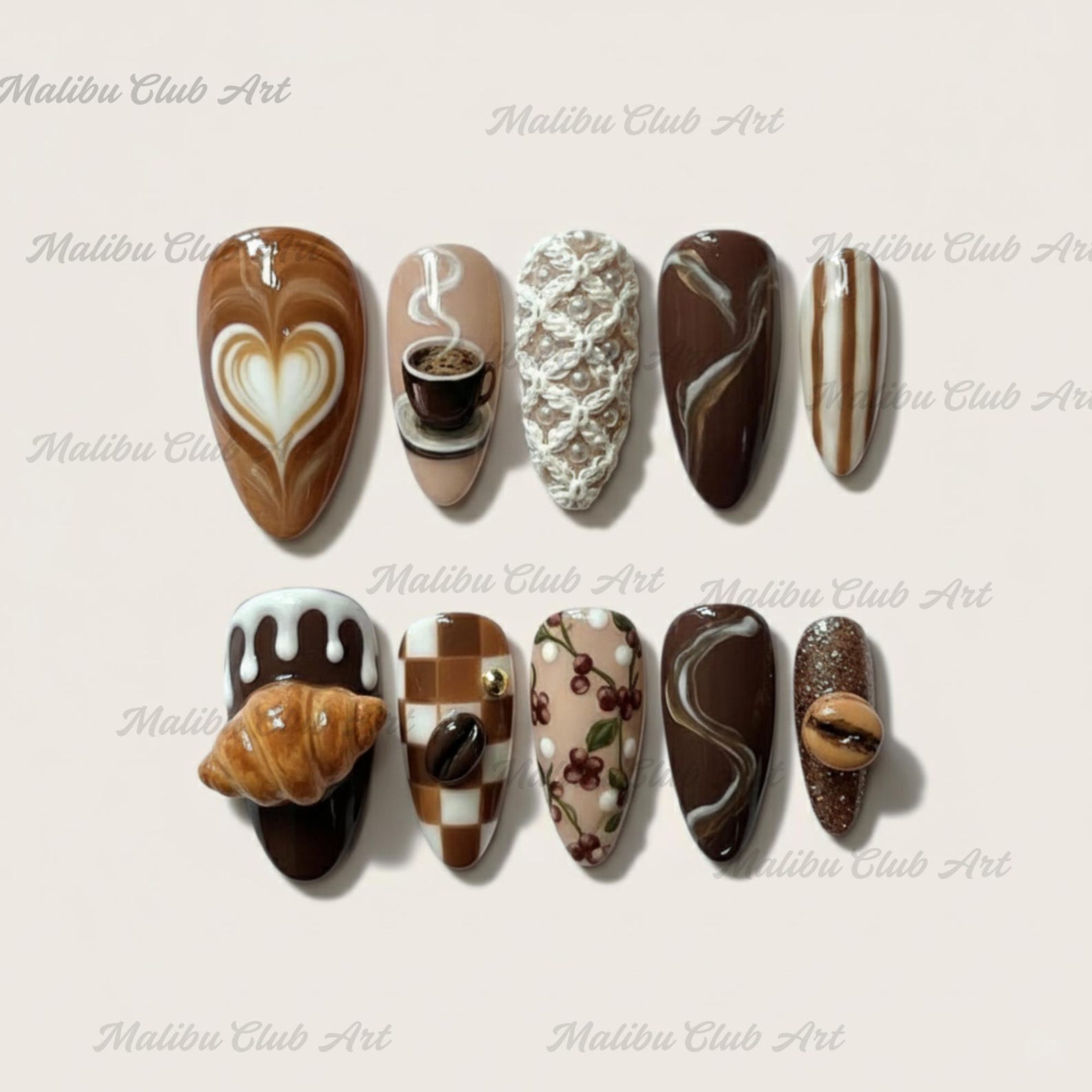 Fall Coffee Latte Press on Nails, Croissant Almond Nail Art, Hand ...