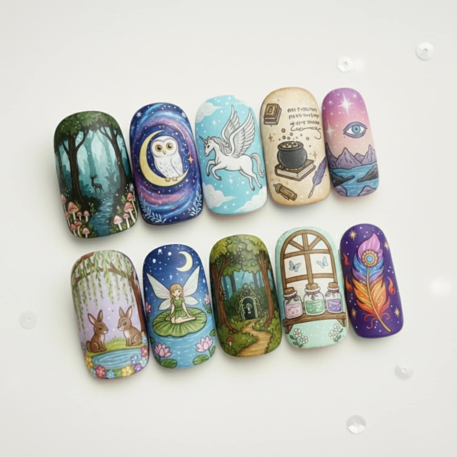 Whimsical Fantasy Storybook Press on Nails, Hand Painted Fairy Forest ...