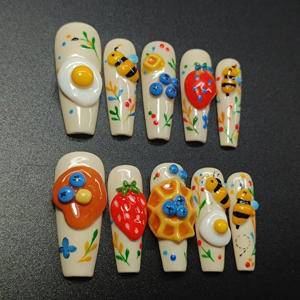Picnic Theme Press on Nails, Spring Bee Nail Art, 3D Waffle Egg ...