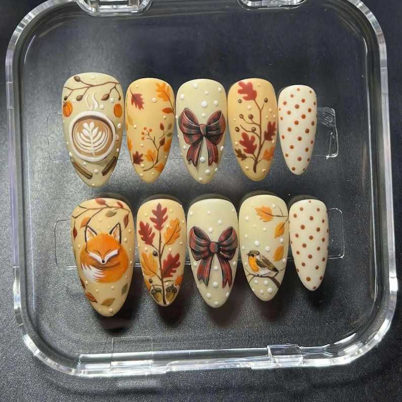 Fox Nails, Coquette Style, Autumn Press on Nails, Bowtie Nail ...