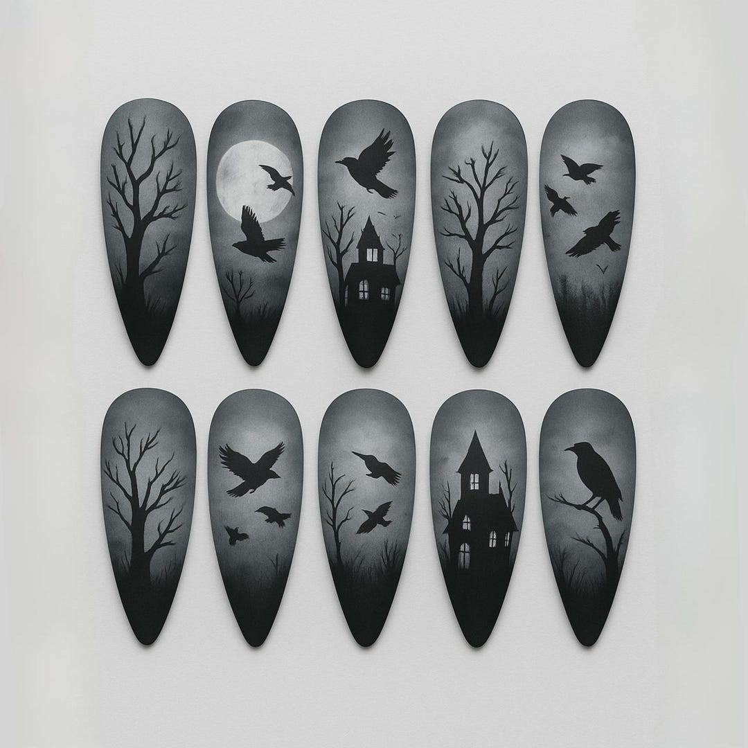 Witchy Raven Press on Nails, Spooky Halloween Crow Almond Nails ...