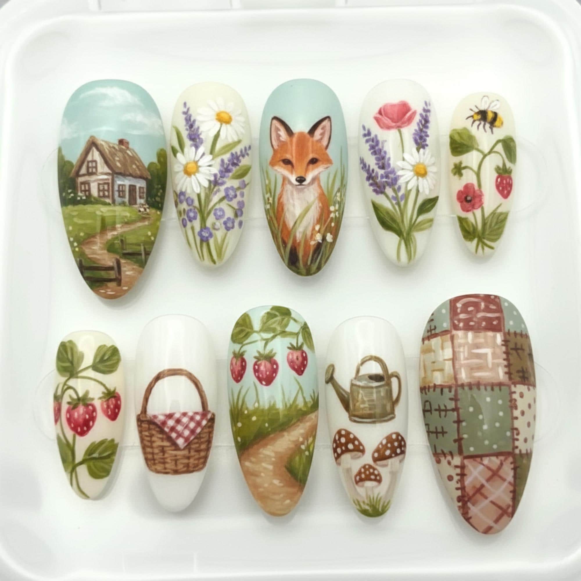 Cottagecore Press on Nails, Hand Painted Fox Floral Farm Nails ...