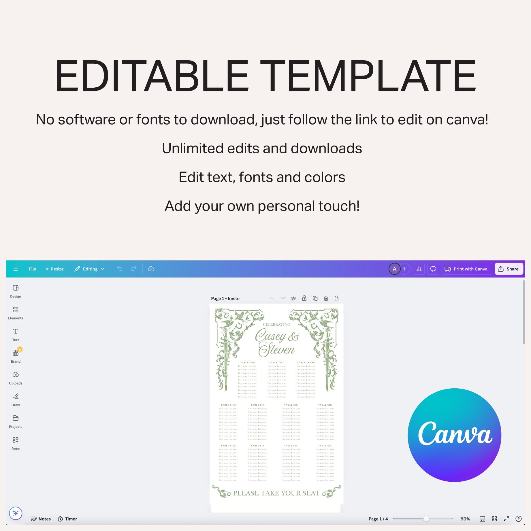 Editable Fairytale Modern Vertical Seating Chart | Editable Canva ...