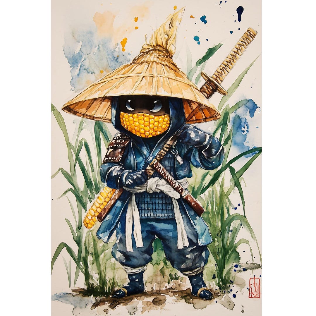 Corn Warrior, Weggie Samurai Print, Kitchen Decor, Kitchen Artwork ...