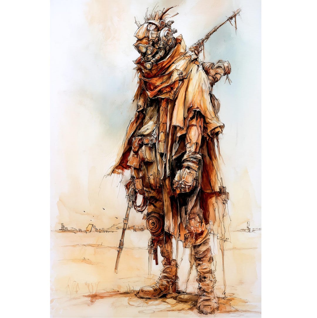 Watercolor Poster – Traveler in Mask and Makeshift Armor Under Cloak ...