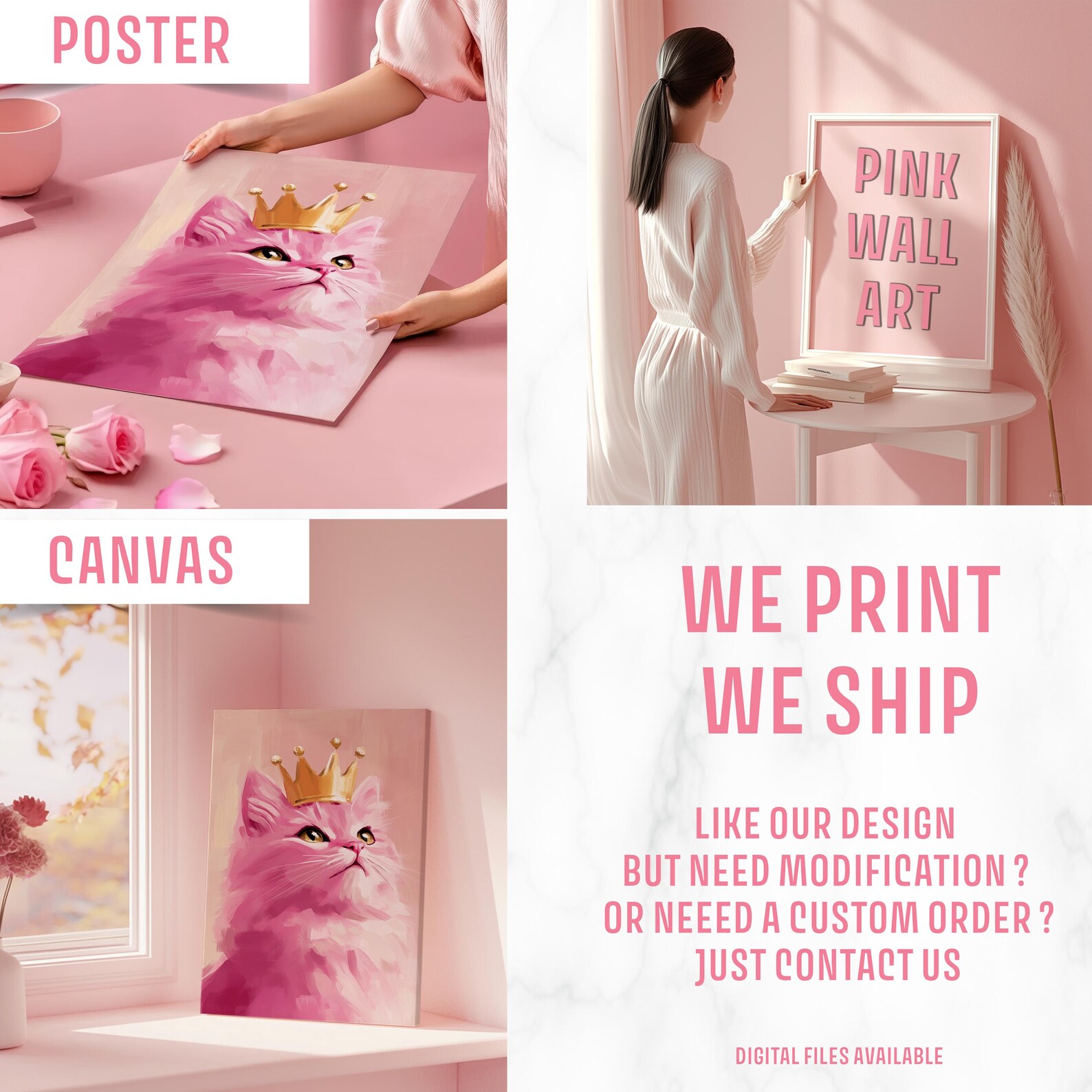 Royal Pink Cat Crown Art Poster or Canvas Wall Art Glam Bedroom ...