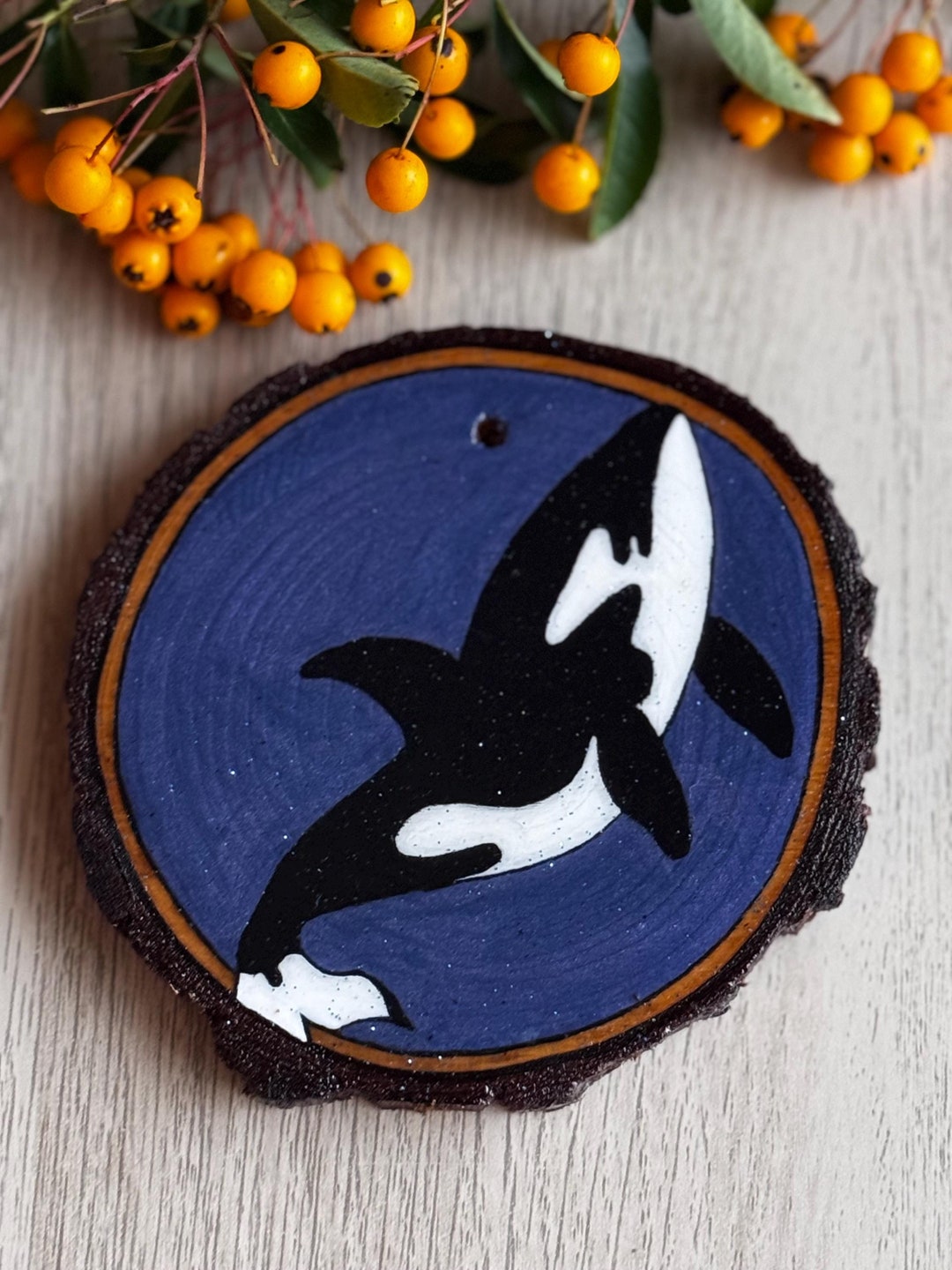 Handmade Killer Whale Orca Ornament, Hand Painted Wood Slice With Resin ...