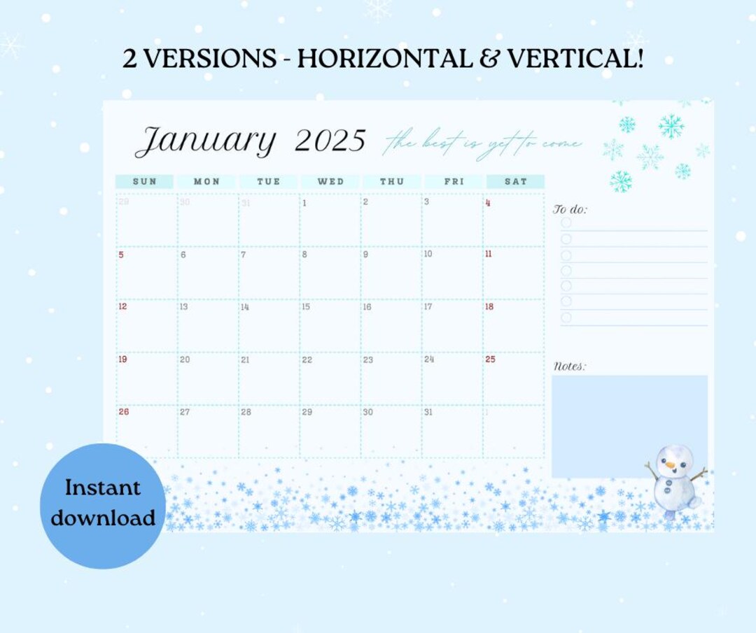 January 2025 Calendar, Notes, January Planner, Instant Download - Etsy