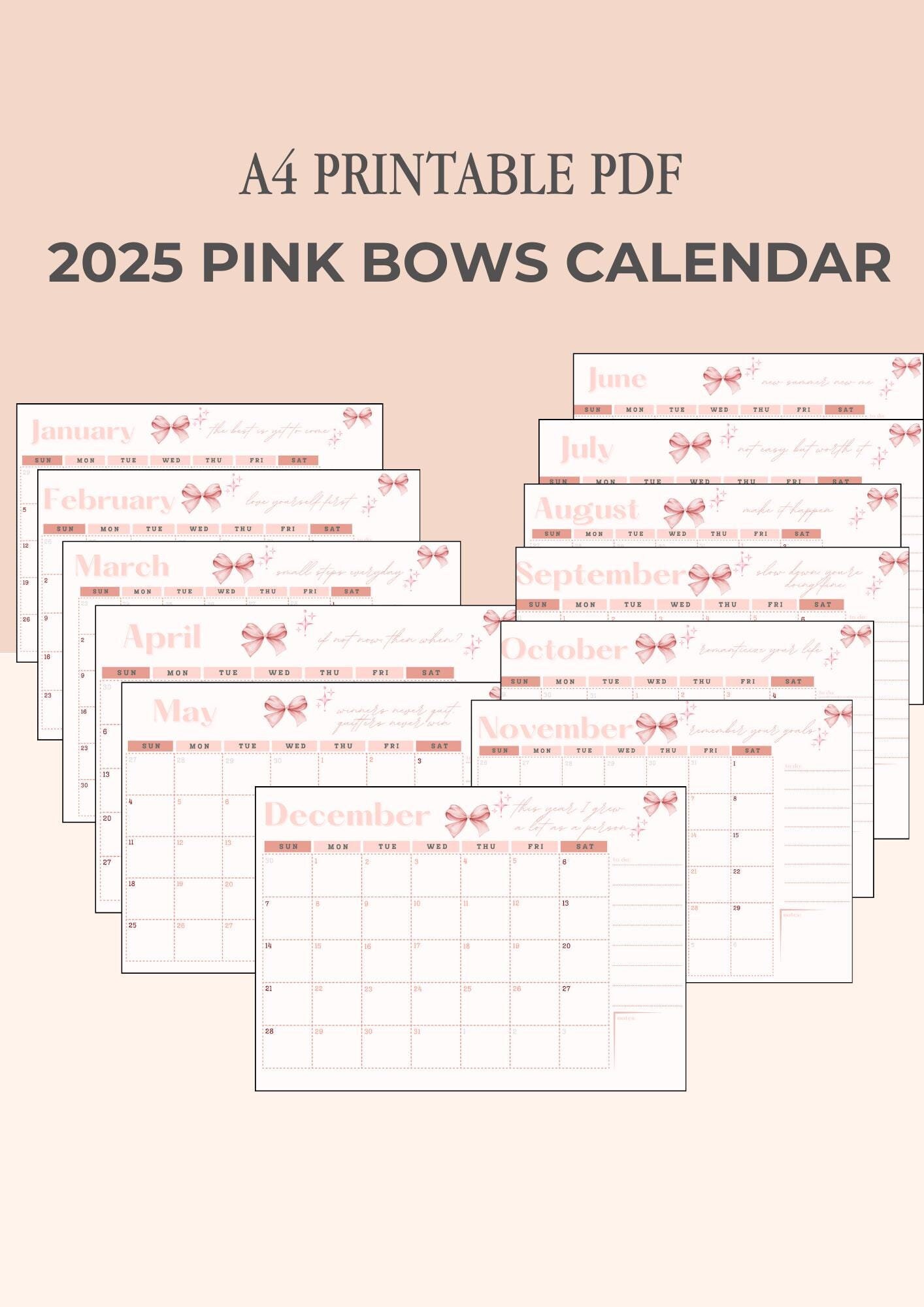 2025 Pink Bows Calendar, Notes, Aesthetic, Whole Year Planner, Instant ...