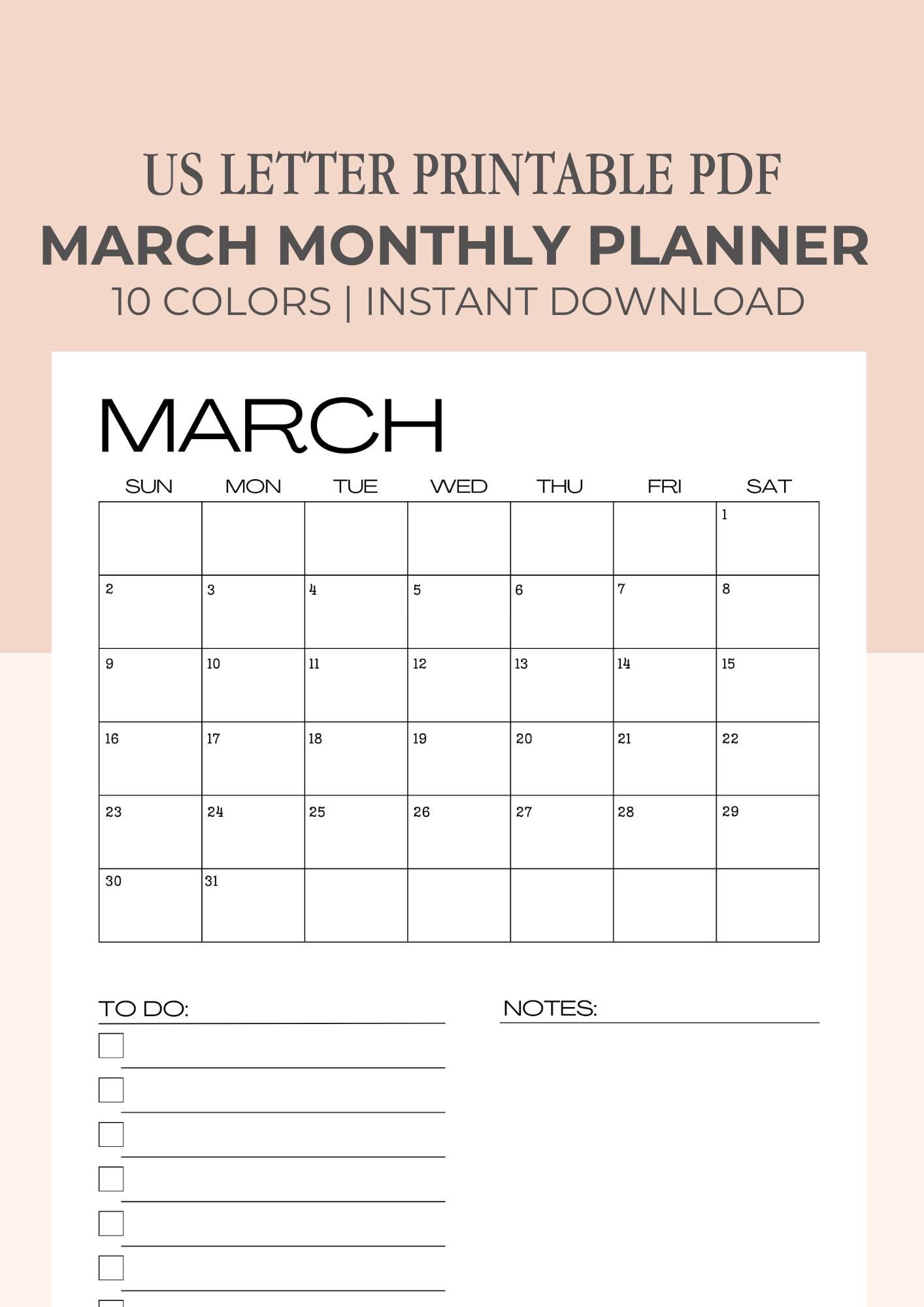 March 2025 Calendar, Monthly Planner, Monthly Organizer, Notes, March ...