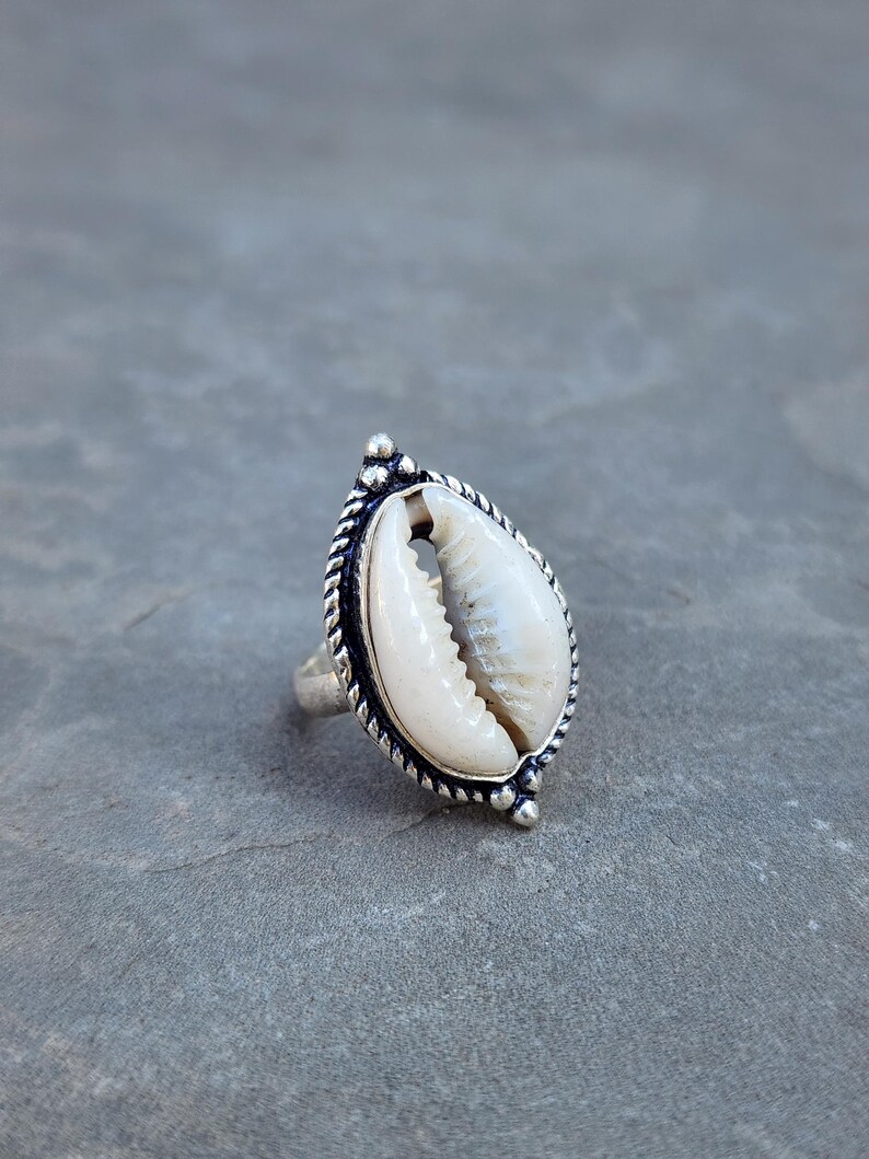 Cowrie Shell Silver Ring, 925 Sterling Silver Shell Ring, Boho Beach Ring, Adjustable Cowrie ...