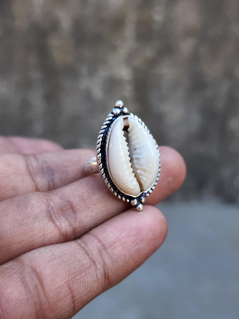 Cowrie Shell Silver Ring, 925 Sterling Silver Shell Ring, Boho Beach Ring, Adjustable Cowrie ...