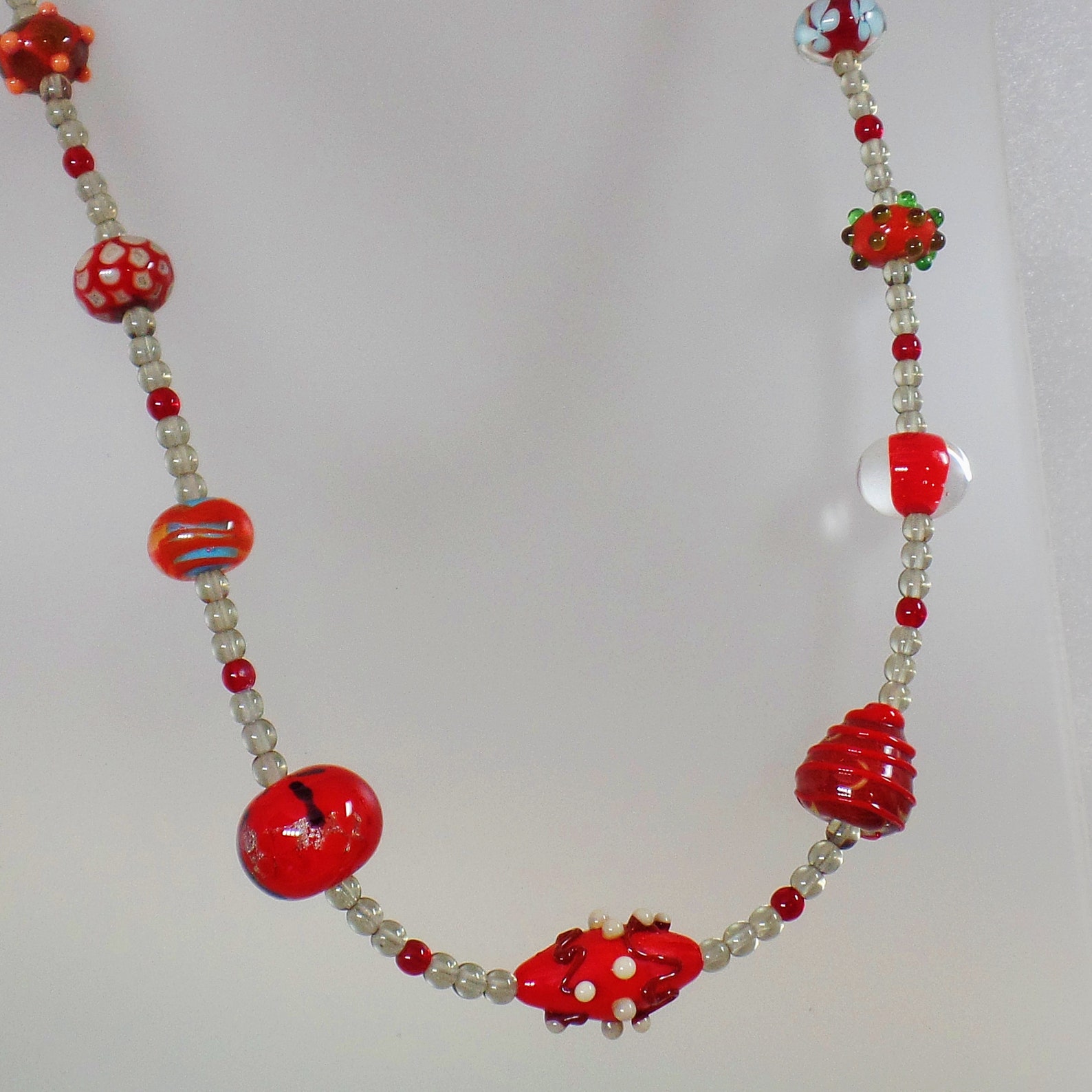 Red Art Glass Necklace. Ruby Red Silver Clear Wedding Cake Beads ...