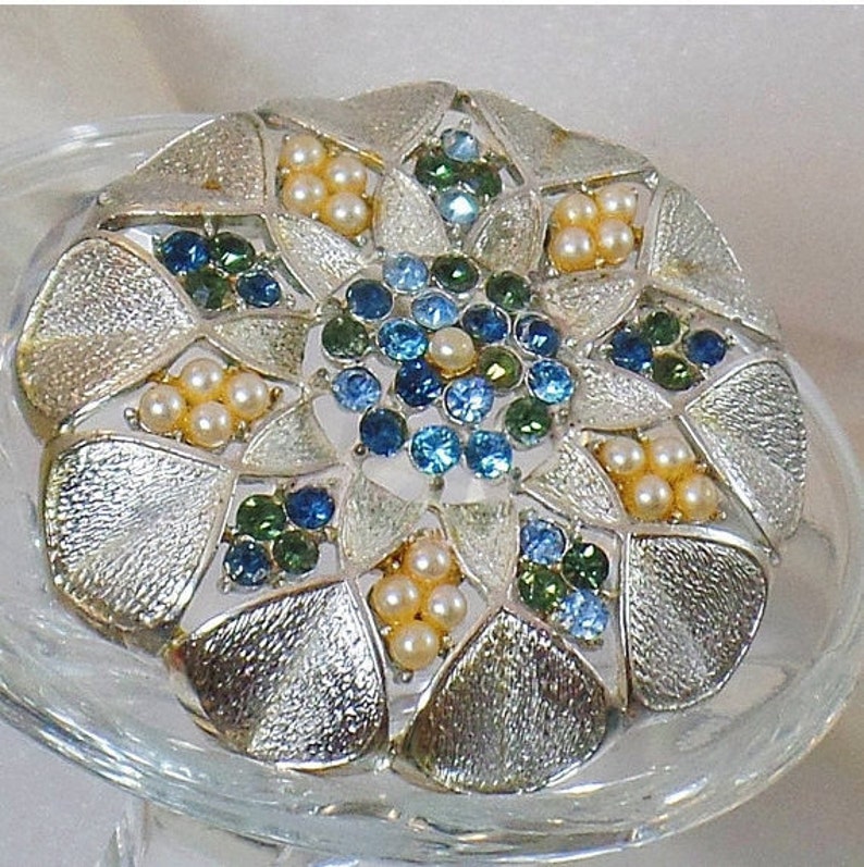 Silver Rhinestone Brooch. Blue and Green Rhinestone and Pearl | Etsy