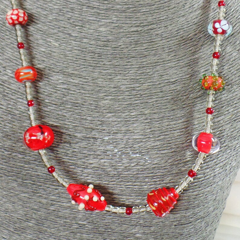 Red Art Glass Necklace. Ruby Red Silver Clear Wedding Cake Beads ...