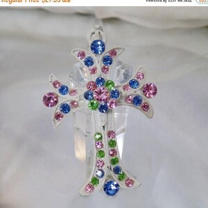 Cross Necklace. White Rhinestone Cross Pendant. White Enamel Pink Green ...