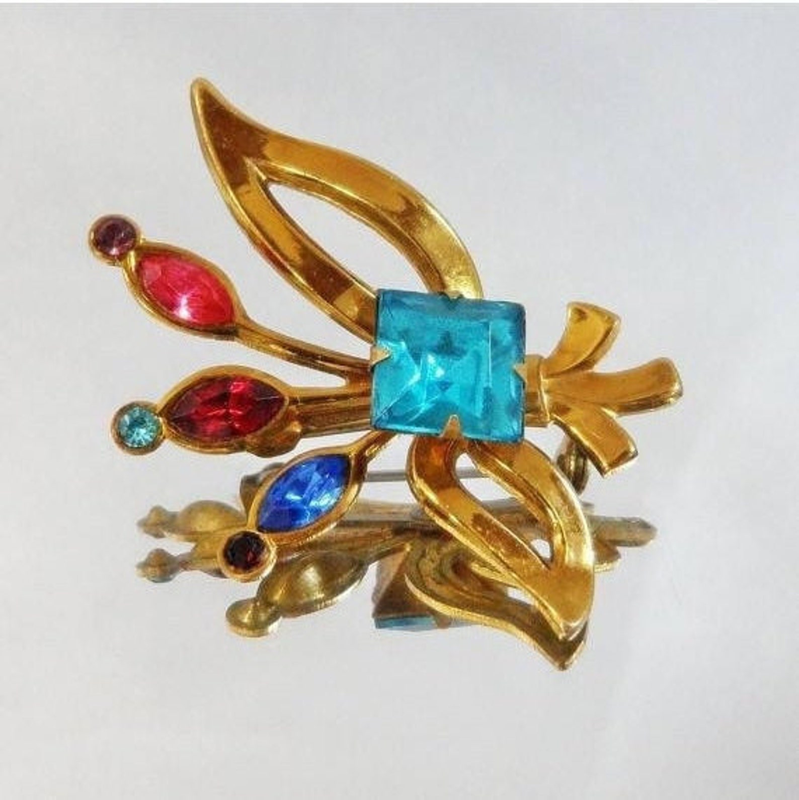 1940s Rhinestone Brooch. Ruby Red Aqua Blue Royal Blue - Etsy