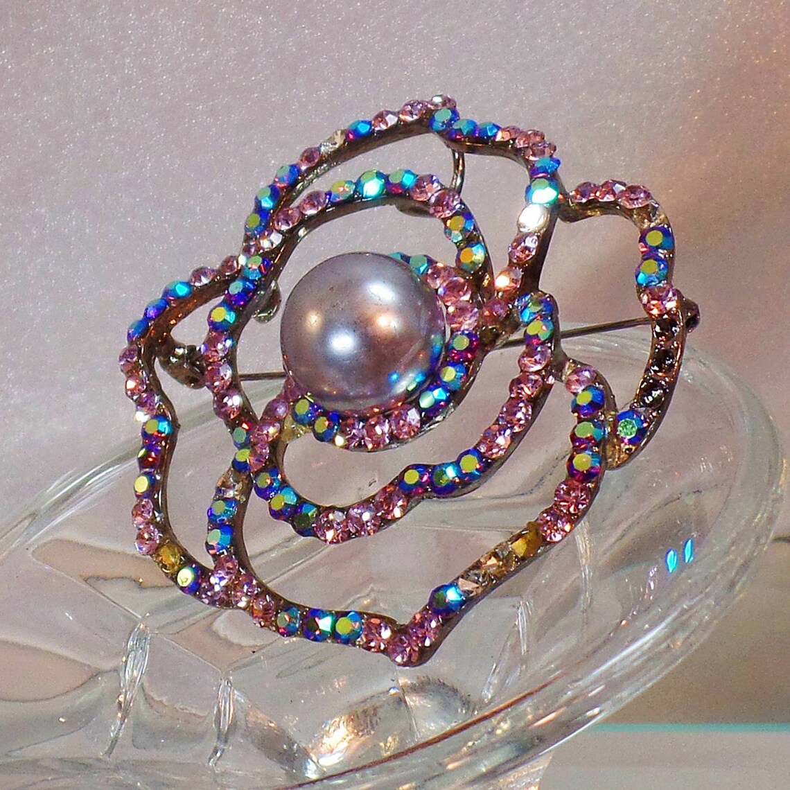 Flower Brooch. Rhinestone Rose Brooch. Rhinestone Brooch. - Etsy
