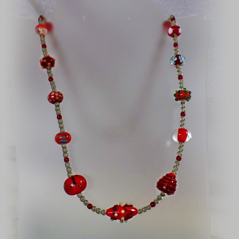 Red Art Glass Necklace. Ruby Red Silver Clear Wedding Cake Beads ...