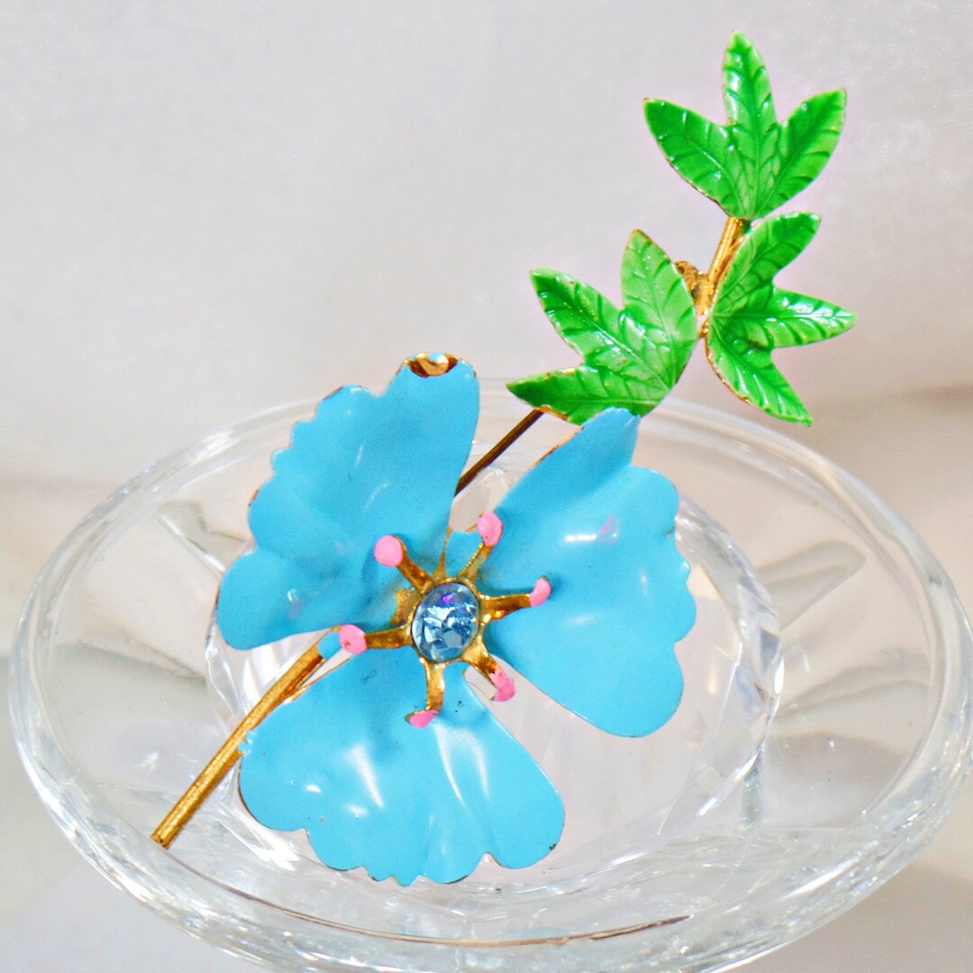 Flower Brooch. Aqua Flower Brooch. Blue Flower Pin. Rhinestone Flower ...
