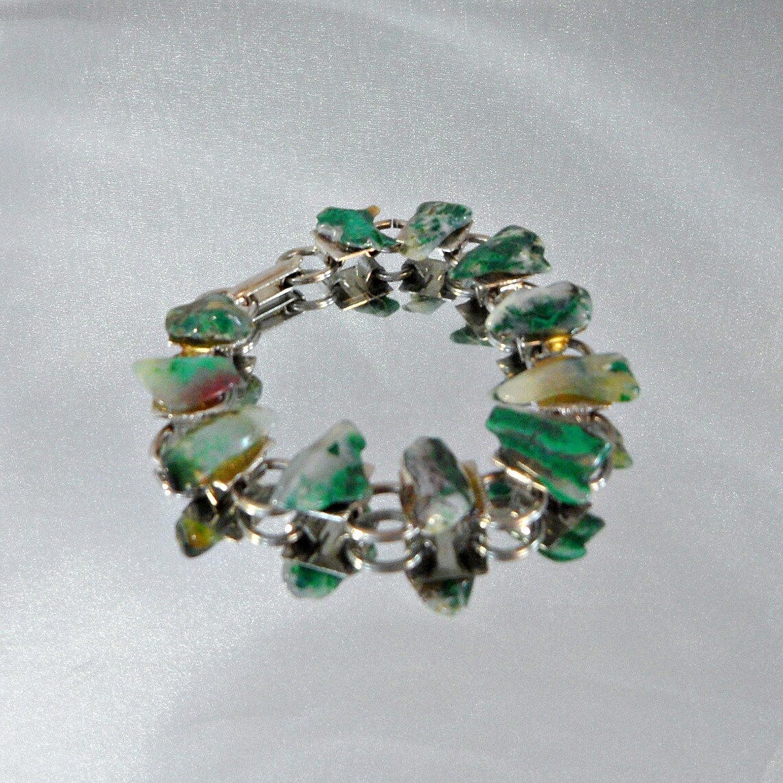 Bangle Bracelet. Agate Bracelet. Polished Green Agate. Silver Links ...