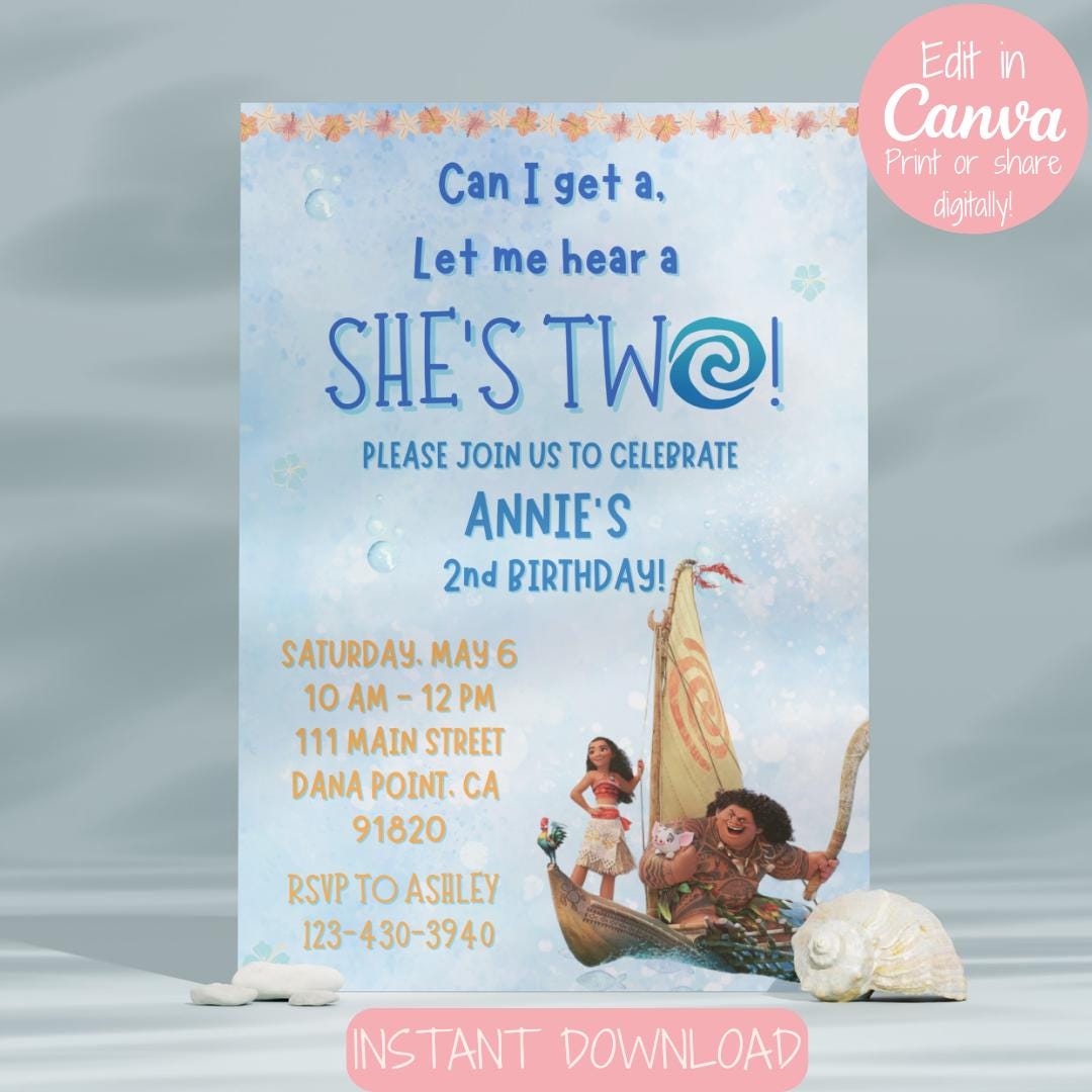 Moana 2nd Birthday Invitation, Editable Canva Template (digital ...