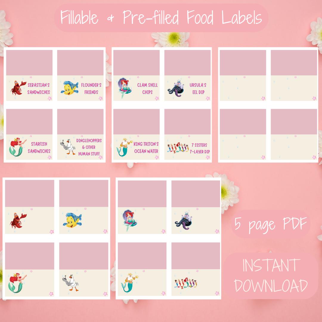Ariel Birthday Place Cards, Little Mermaid Food Labels (PDF Download ...