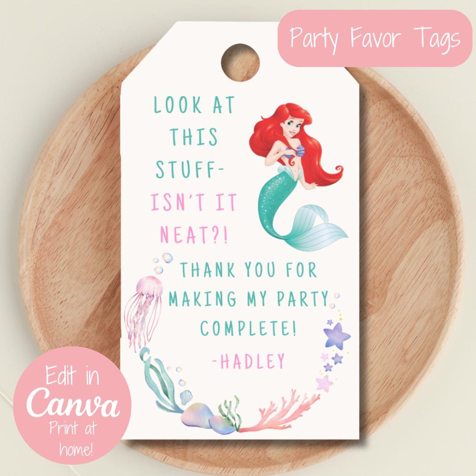 Personalized Ariel Favor Tags, Little Mermaid Birthday (PDF Download ...