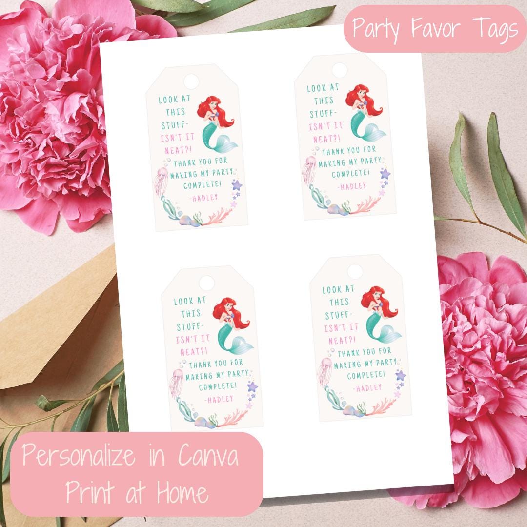 Personalized Ariel Party Favor Tags, Ariel Goodie Bag, Personalized ...