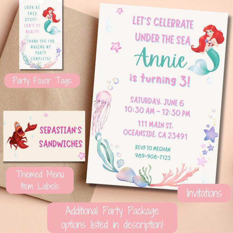 Ariel Birthday Invite, Princess 3rd Birthday Invite, 3 Year Old Girl ...
