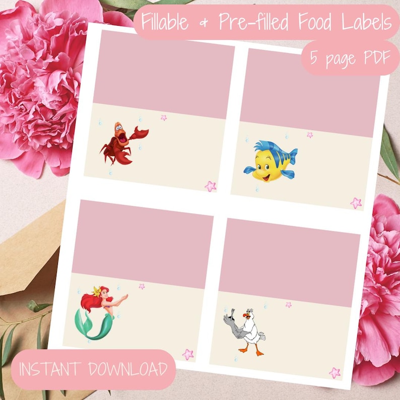 Ariel Food Labels, Ariel Place Cards, Little Mermaid Place Cards, Ariel ...