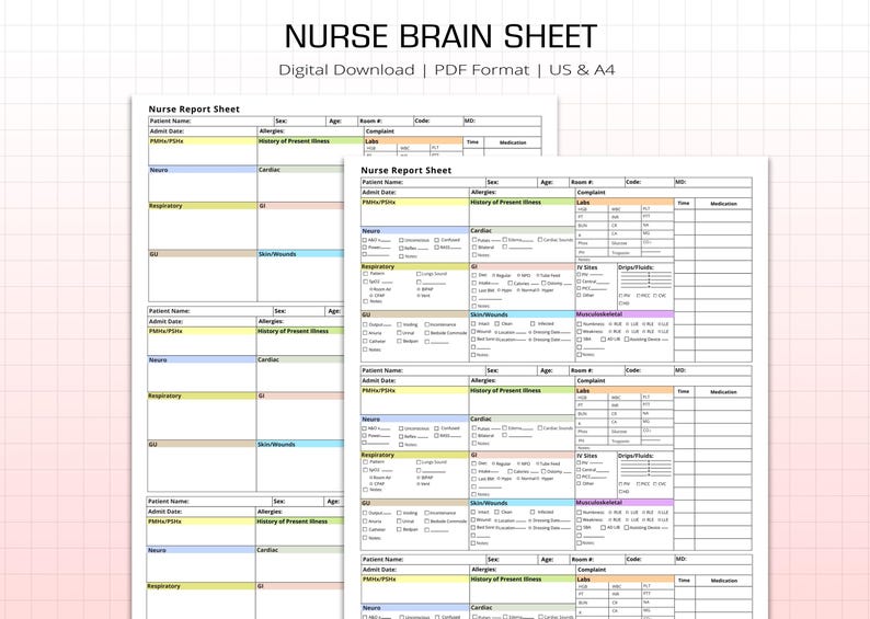 3 Patient Nursing Report Sheet W/ Hourly Rounding, Med Surg Nurse Brain ...